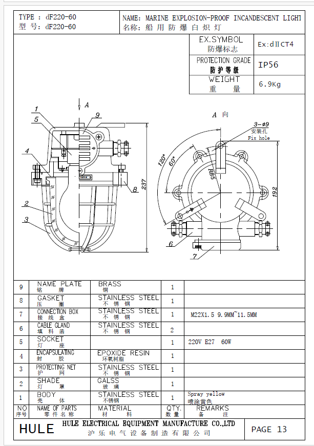 EXPLOSION PROOF INCANDESCENT PANDENT LIGHT TYPE dF220 - 60 IP 56 220V ...