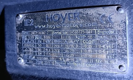 HMC2 160 M2-2 3 PH MOTOR // 440 V // IP 55 SR NO- SH585125-087 60 HZ ...