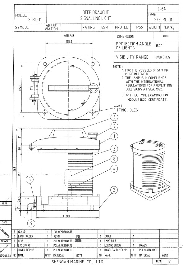 ANGLE:180 DEG, DEEP DRAUGHT LIGHT BASE: P28S, MAKER : SHENGAN MARINE CO ...
